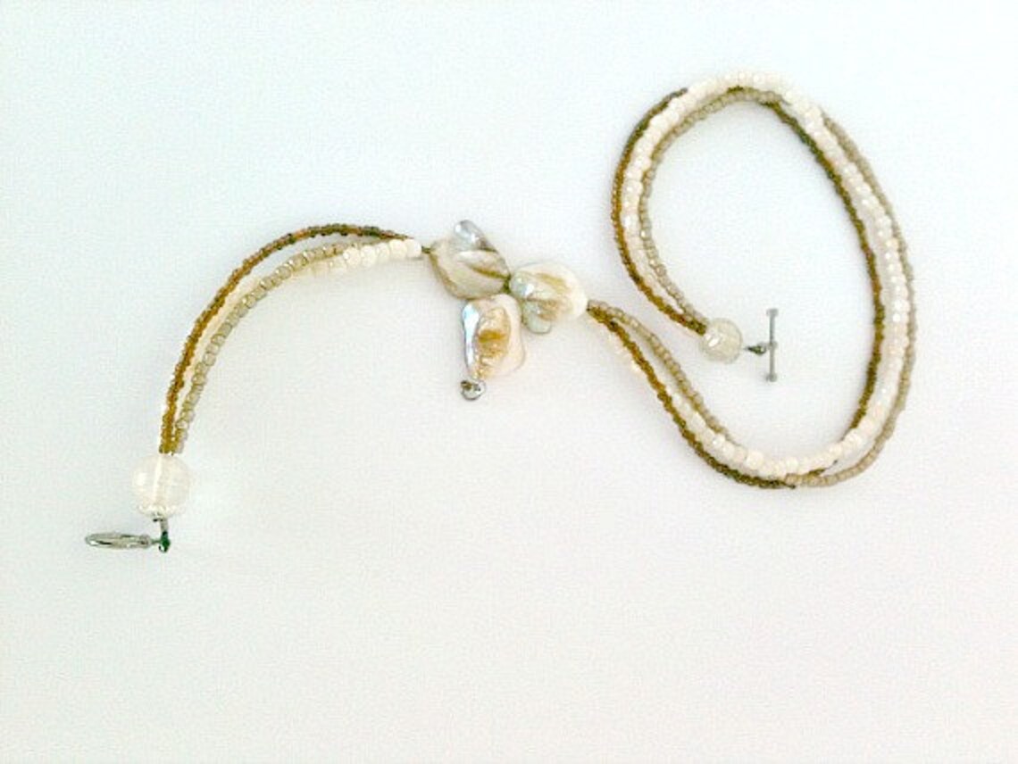 Triple Strand Beaded Shell Necklace Handmade, Beige Handmade Shell ...