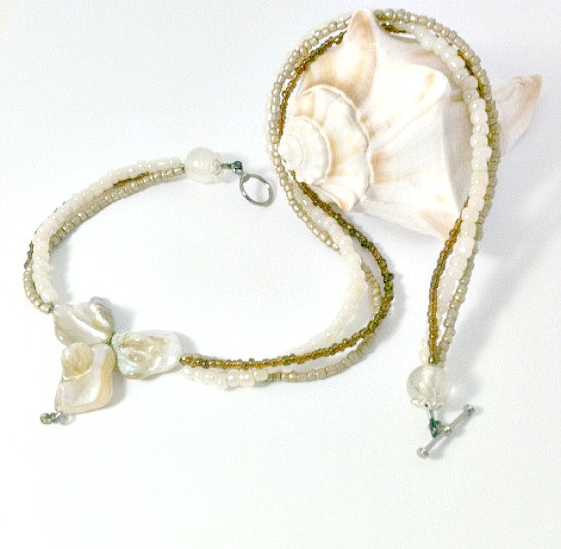 Triple Strand Beaded Shell Necklace Handmade, Beige Handmade Shell ...
