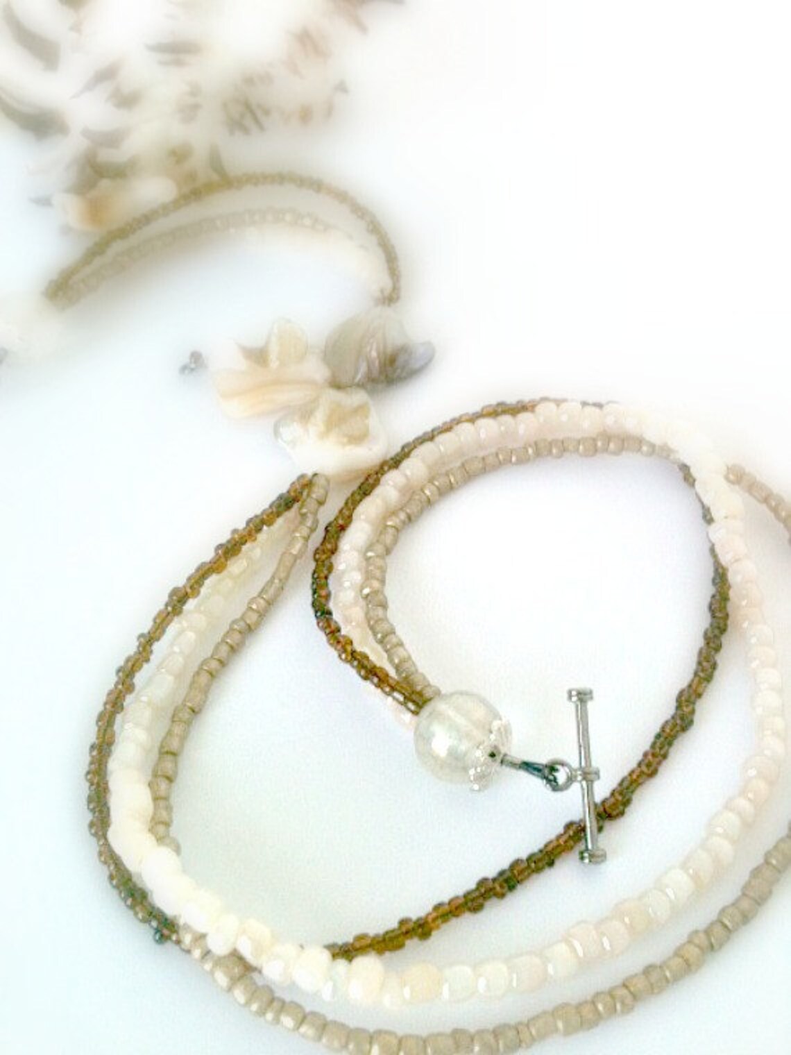 Triple Strand Beaded Shell Necklace Handmade, Beige Handmade Shell ...