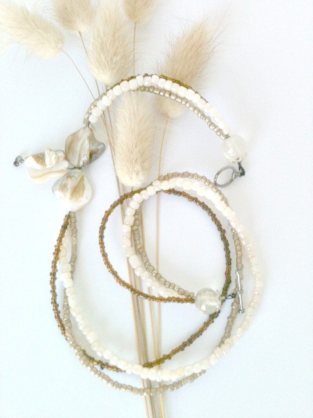 Triple Strand Beaded Shell Necklace Handmade, Beige Handmade Shell ...