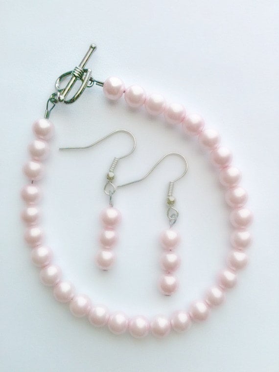 Pink Pearl Bracelet and Earring Set Handmade, Gift for Her - Etsy