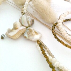 Triple Strand Beaded Shell Necklace Handmade, Beige Handmade Shell ...