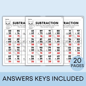 20 Printable Two Digit Math Subtraction Worksheets for 2nd 3rd Grade ...