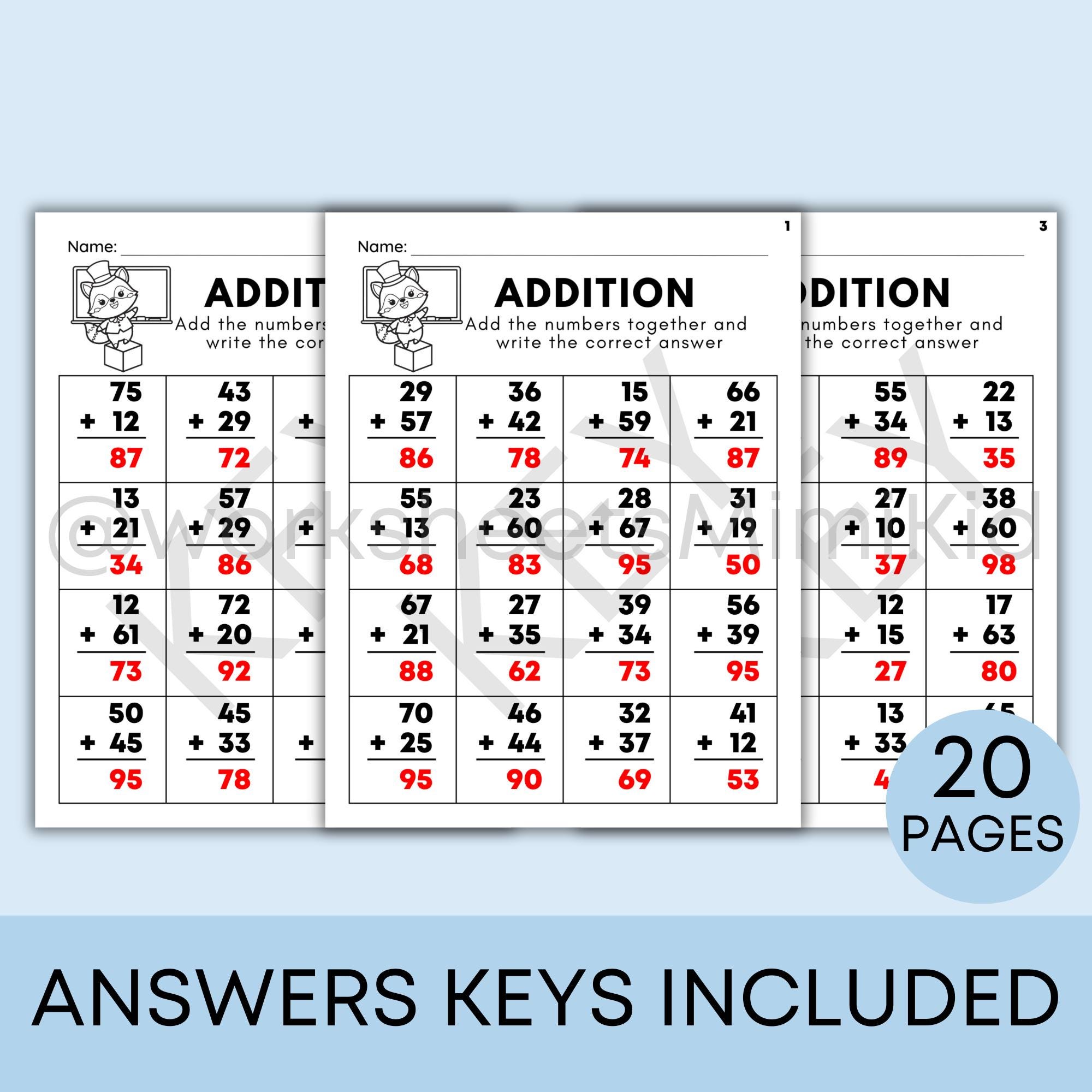 20 Printable Two Digit Math Addition Worksheets for 2nd 3rd Grade Math ...