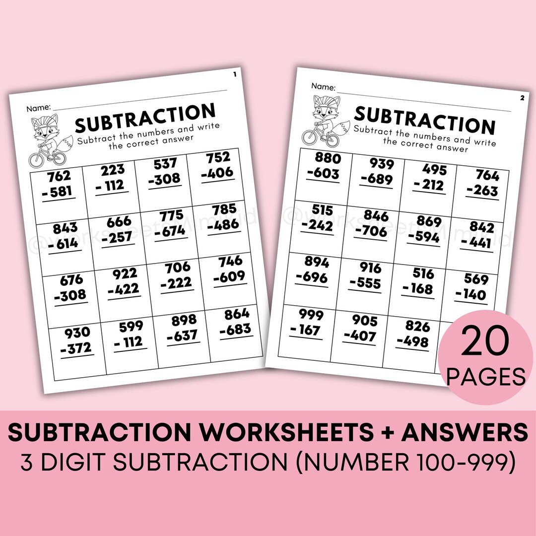 3-digit Subtraction Worksheets: Grades 4-7, Fill-in-blanks (digital ...