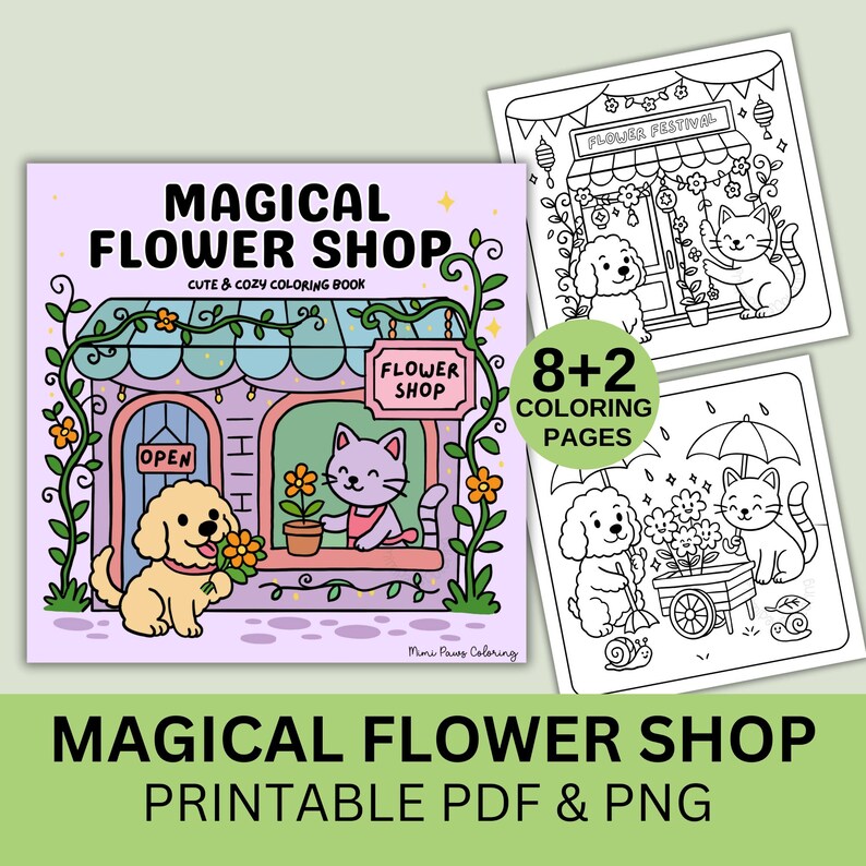 Flower Shop Coloring Pages for Adults and Kids, Printable Coloring Book ...