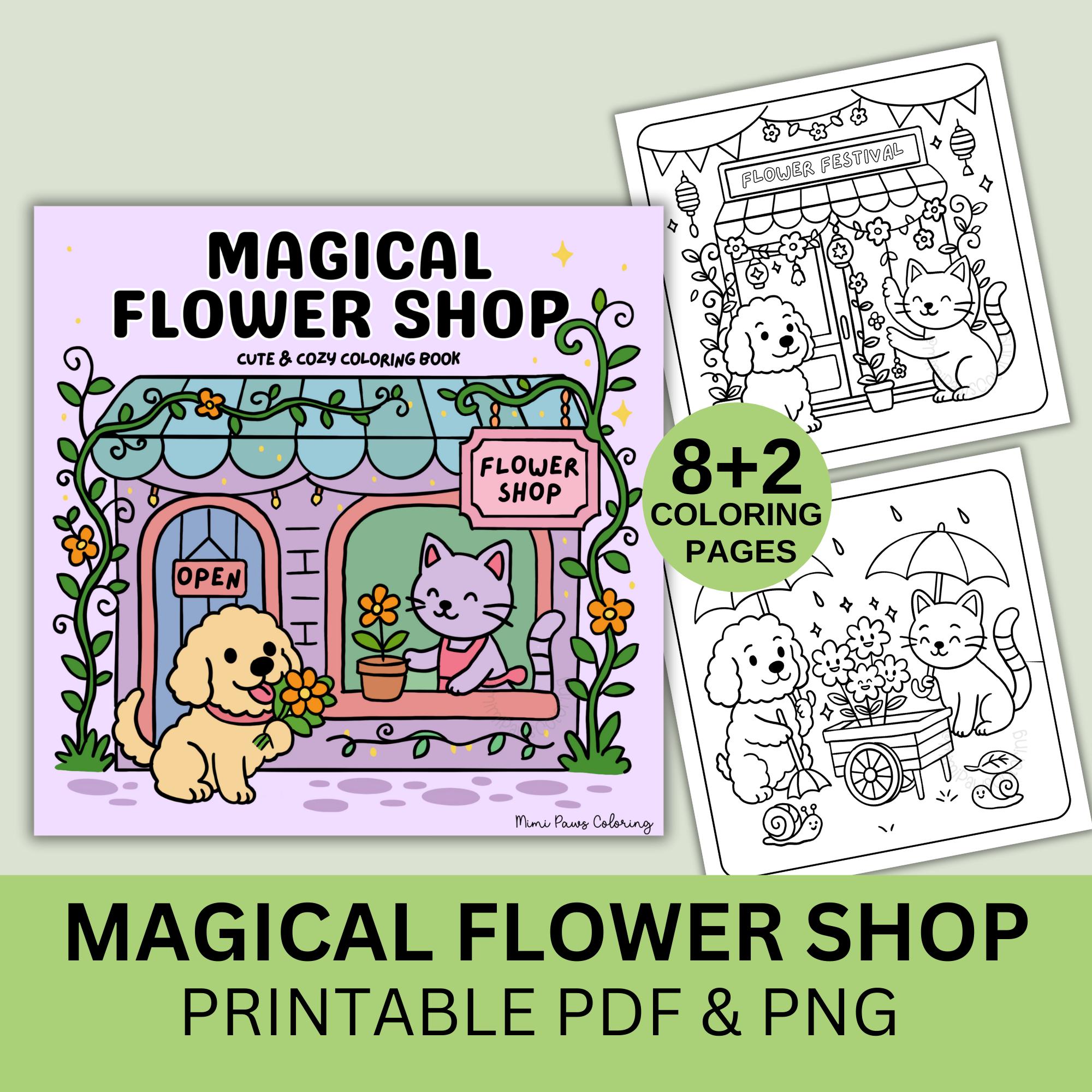 Flower Shop Coloring Pages for Adults and Kids, Printable Coloring Book ...
