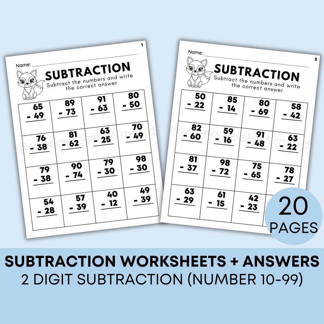 20 Printable Two Digit Math Subtraction Worksheets for 2nd 3rd Grade ...