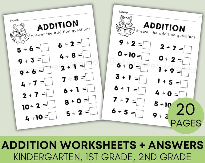 60 Printable Addition Fill in the Blanks Worksheets (numbers 1-20) for ...