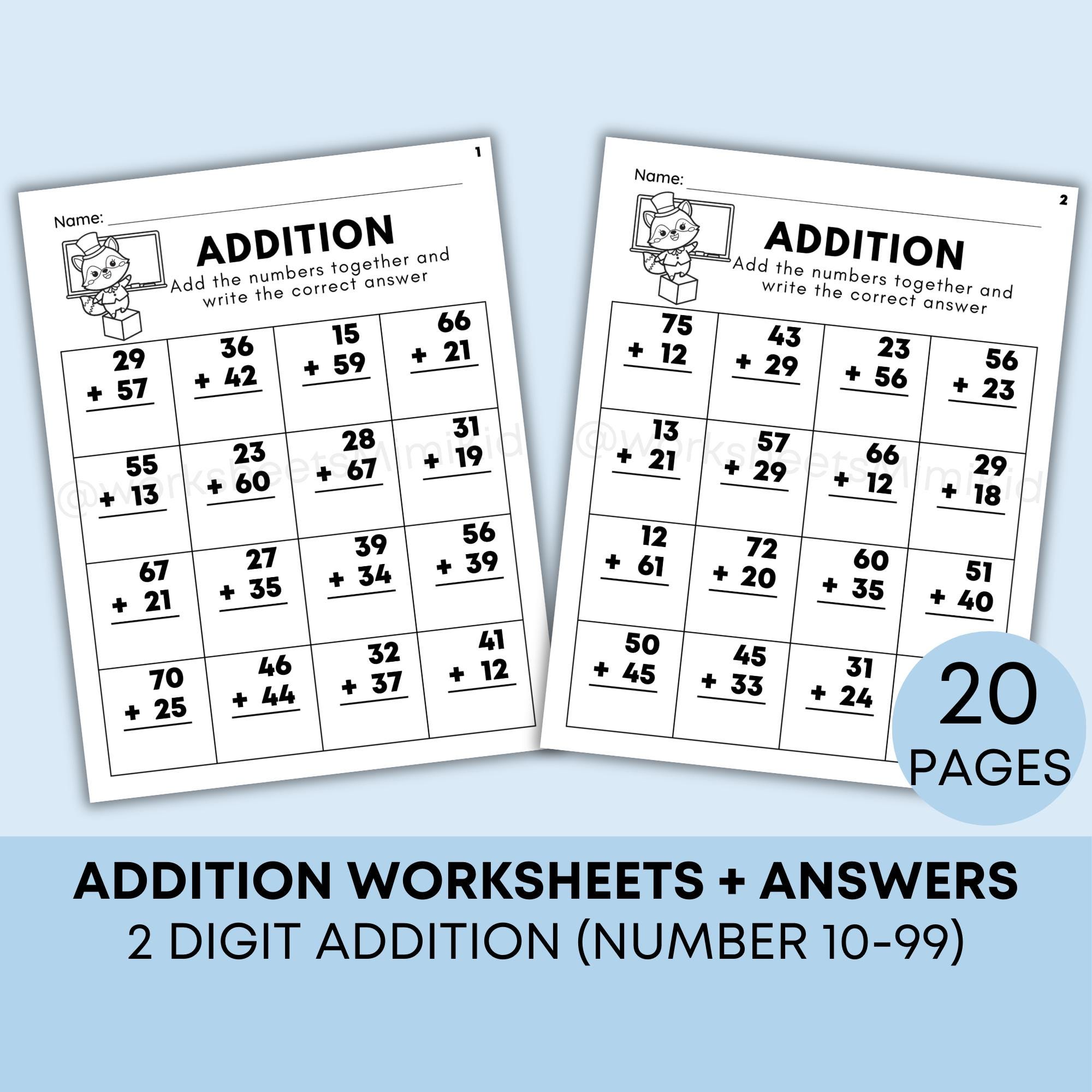 20 Printable Two Digit Math Addition Worksheets for 2nd 3rd Grade Math ...