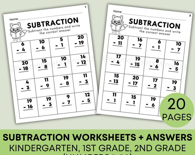 10 Printable Subtraction Fill in the Blanks Worksheets (numbers 1-20) for Kindergarten-1st Grade ...