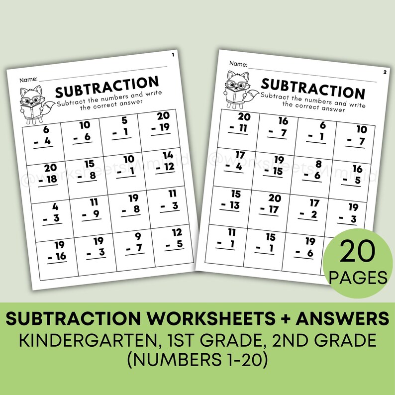 20 Printable Math Subtraction Worksheets for Kindergarten, 1st Grade ...