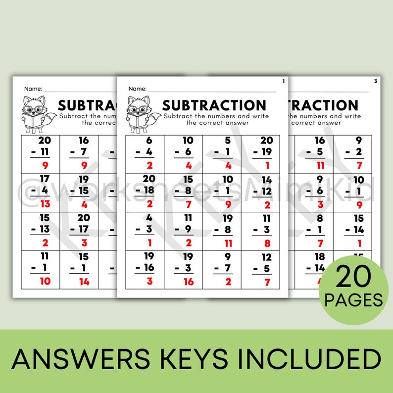20 Printable Math Subtraction Worksheets for Kindergarten, 1st Grade ...