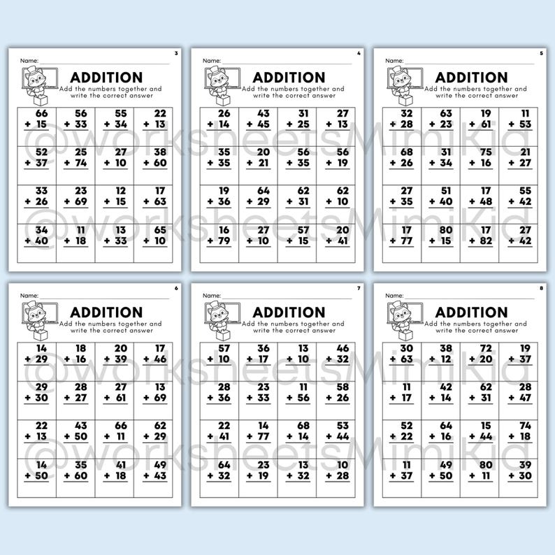 20 Printable Two Digit Math Addition Worksheets for 2nd 3rd Grade Math ...