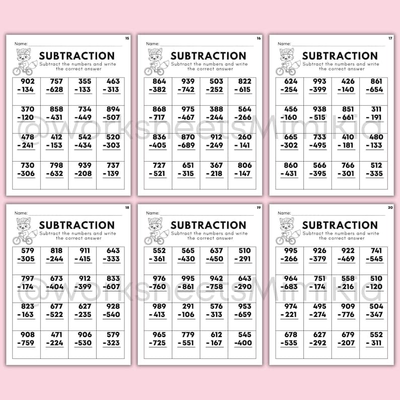 20 Printable Math Subtraction Worksheets for 4th 5th 6th 7th Grade Math ...