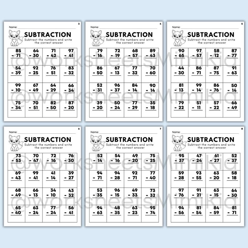 20 Printable Two Digit Math Subtraction Worksheets for 2nd 3rd Grade ...