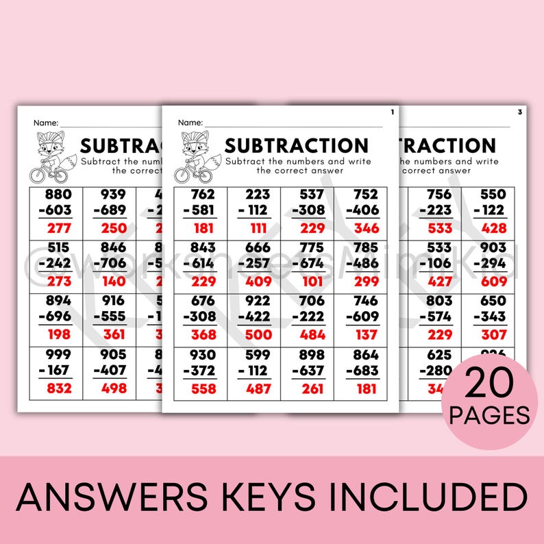 3-digit Subtraction Worksheets: Grades 4-7, Fill-in-blanks (digital ...