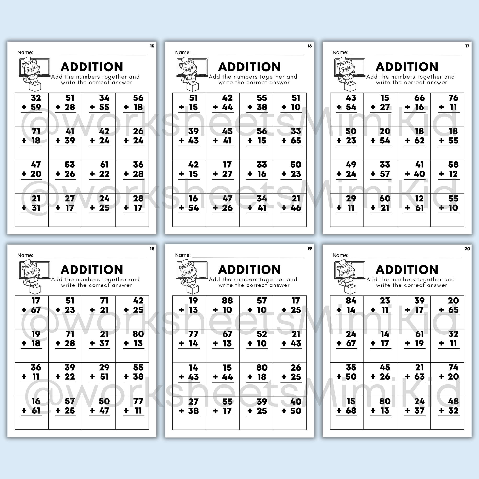 20 Printable Two Digit Math Addition Worksheets for 2nd 3rd Grade Math ...