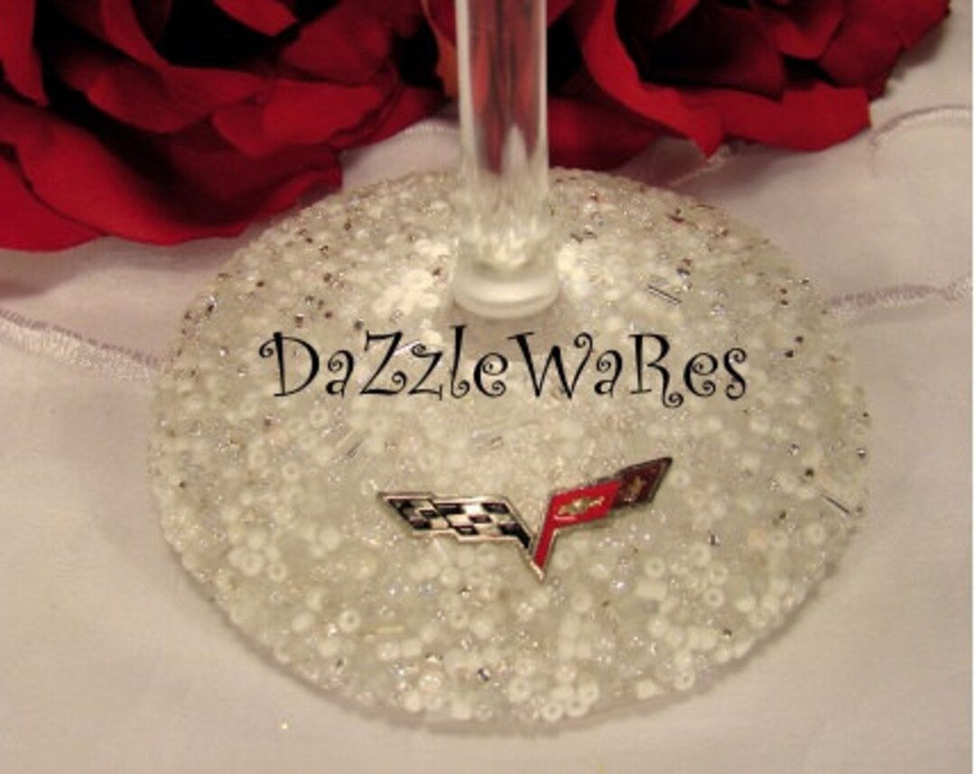 CORVETTE Themed WINE Glass Set of 2 Sparkle White Bead Base Choice of ...