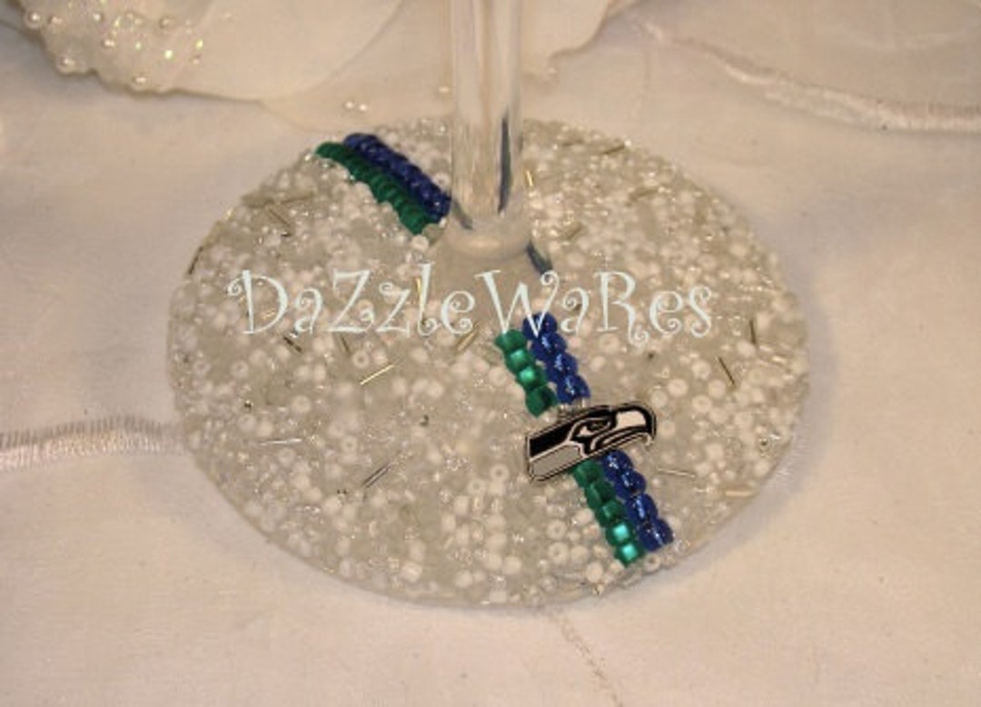SEATTLE SEAHAWKS Themed Custom Beaded Set of 2 Wine Glasses Football ...
