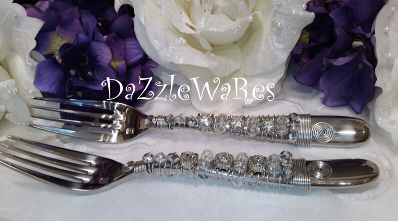 CAKE FORKS SET Clear Rhinestones Bridal Mr Mrs Wedding Cake - Etsy