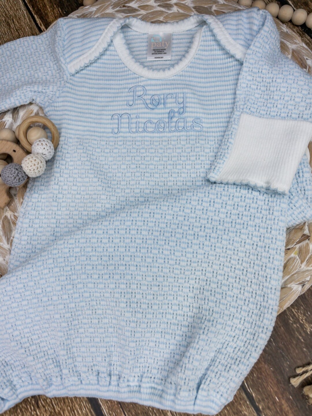 Light Blue Paty Inc Monogrammed Knit Baby Gown, Personalized Baby Boy ...