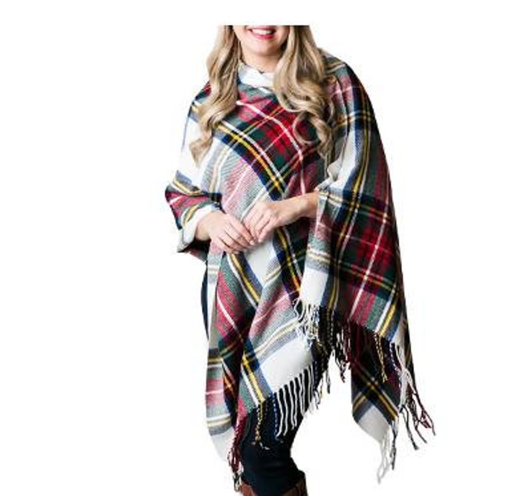 White Plaid Wrap Plaid Poncho Wrap Flannel Plaid Poncho Personalized ...