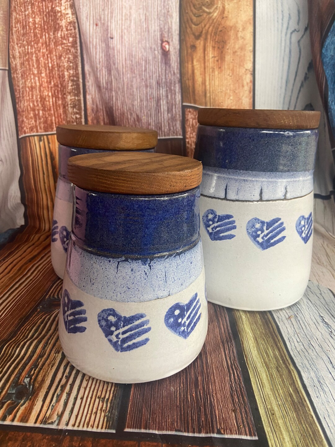 Artisan Pottery Canisters Hand Thrown Hearts Hands Blue Set of 3 - Etsy