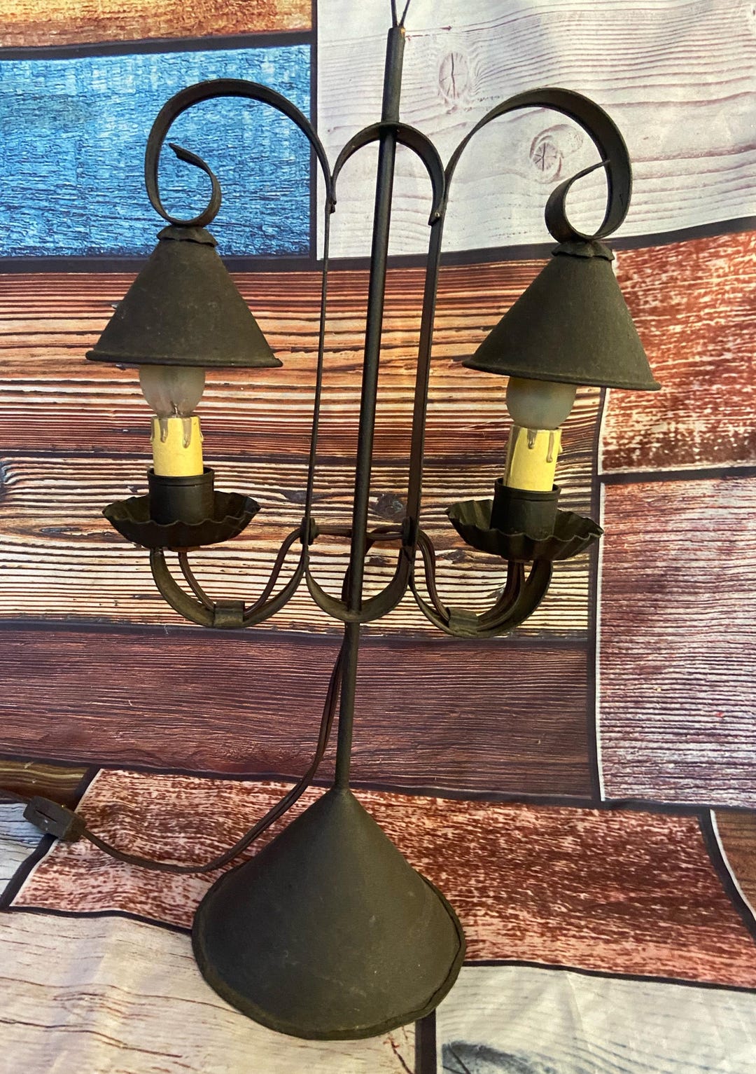 Reproduction Primitive Lamp Double Lamp With Hanging Shades Rustic ...