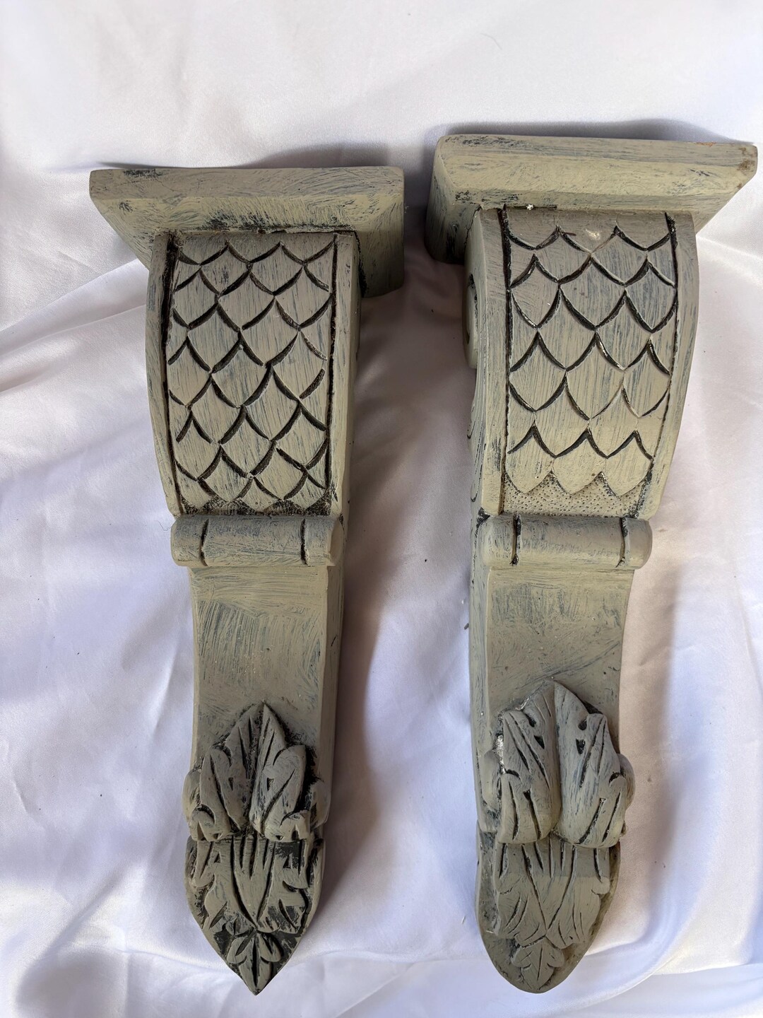 Vintage Pair Carved Wood Wall Sconce Corbels Shelf Distressed Gray 15 ...
