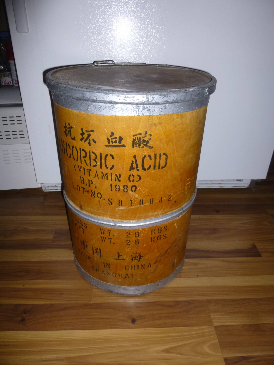 Vintage Wood Crate - Round 19" Tall Ascorbic Acid Bin With Chinese and ...