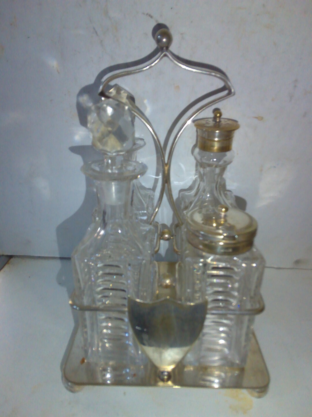 Edwardian EPNS Castor Set -3 Cut Glass Condiment Jars 2 Cruets With ...