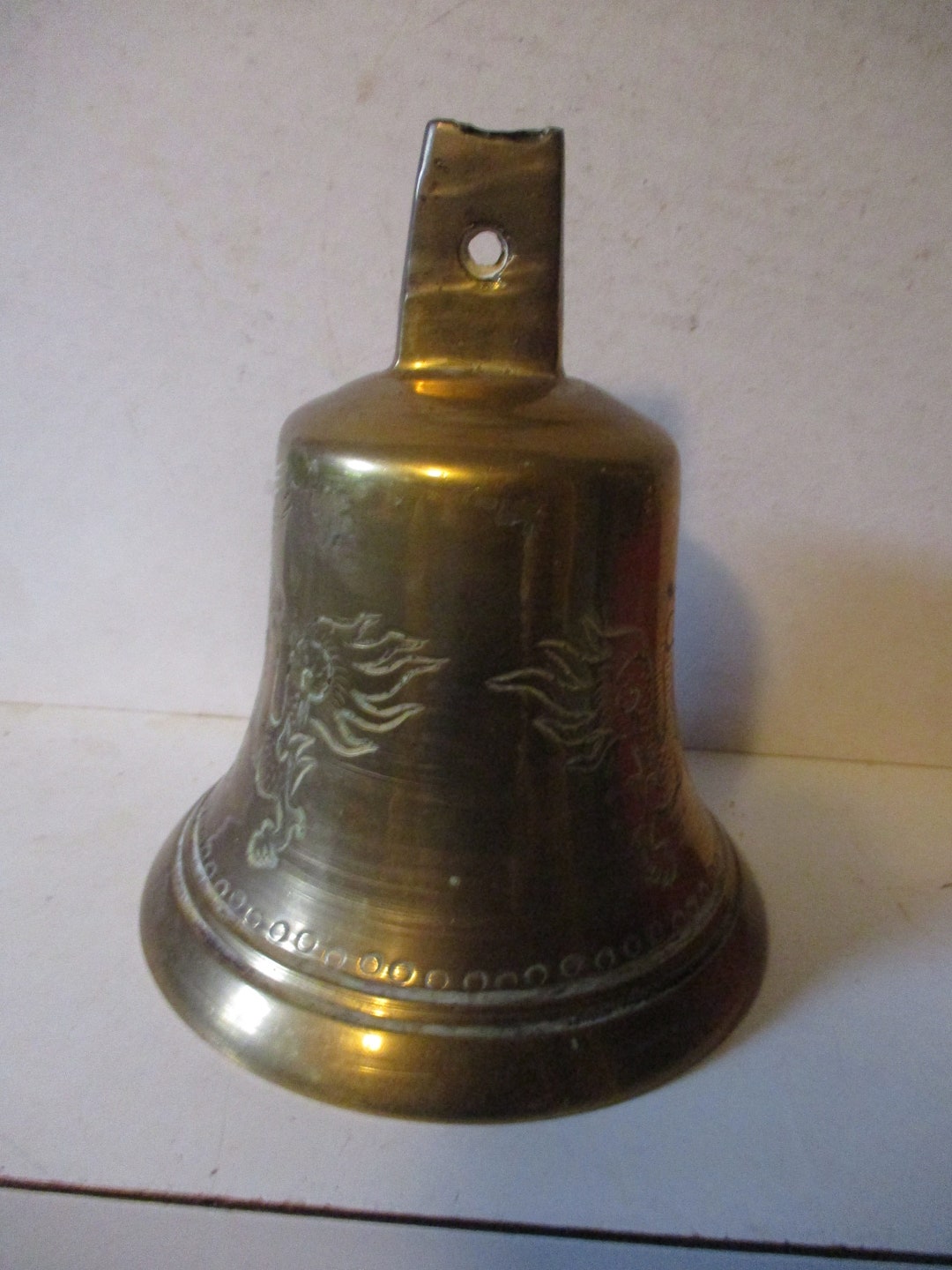 Dragon and Flaming Pearl Decorated Brass Bell - 6" Diam. 7" High ...