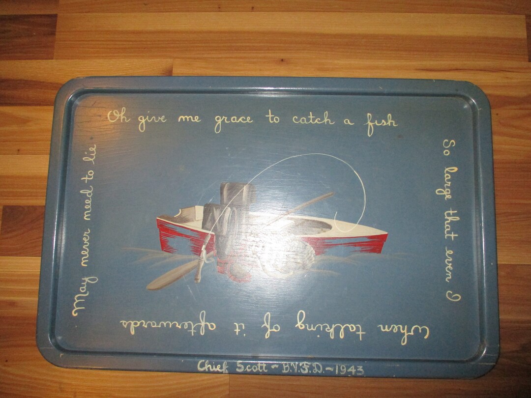 Vintage Fishing Related Folk Art Painted Frances Martin Wood Tray ...