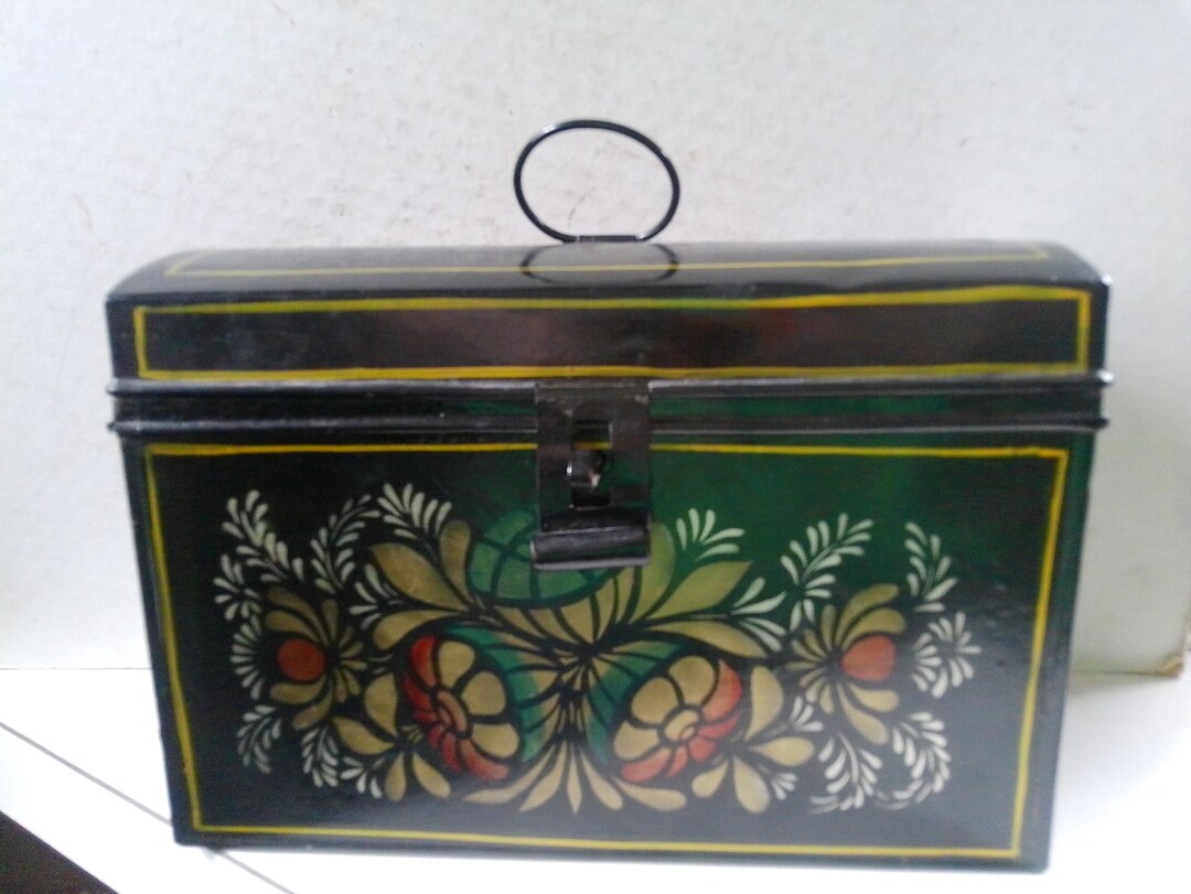 Antique Painted Tole Metal Lunchbox or Document Case - 4.5"x9.75"x 6.5 ...