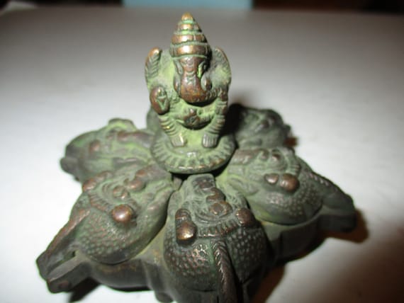 Antique Bronze Kumkum - Lord Ganesh (Hindu) 6 section… - Gem