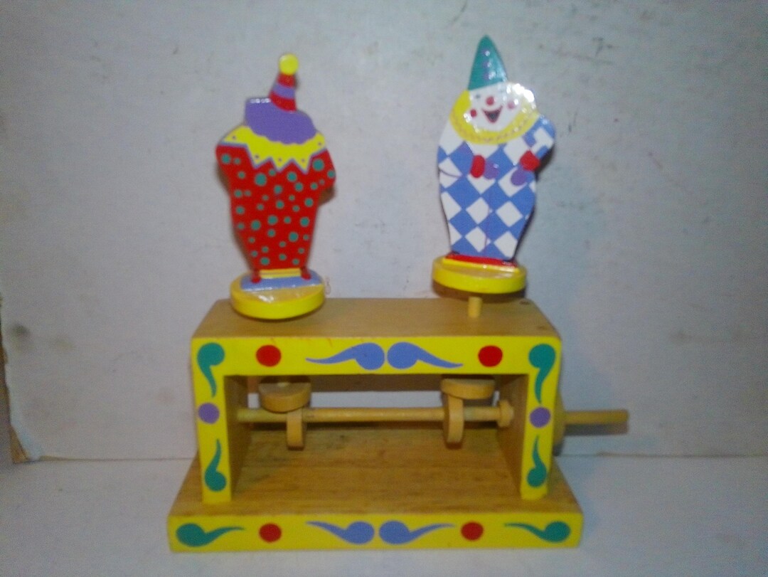 Wood Automata Kinetic Sculpture - 2 Dancing Clowns on Elevated Platform ...