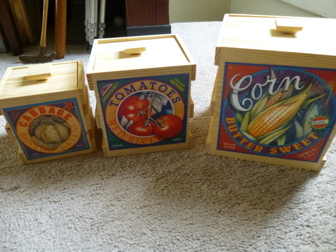 Charming Set of 3 Lidded Wood Boxes With Colorful Vintage Style Labels ...