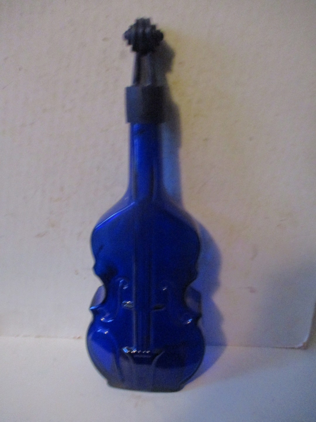 Blue Glass Violin Shaped Bottle 11 High 32 Oz Form Great Condition Colorful Musical Decor or ...