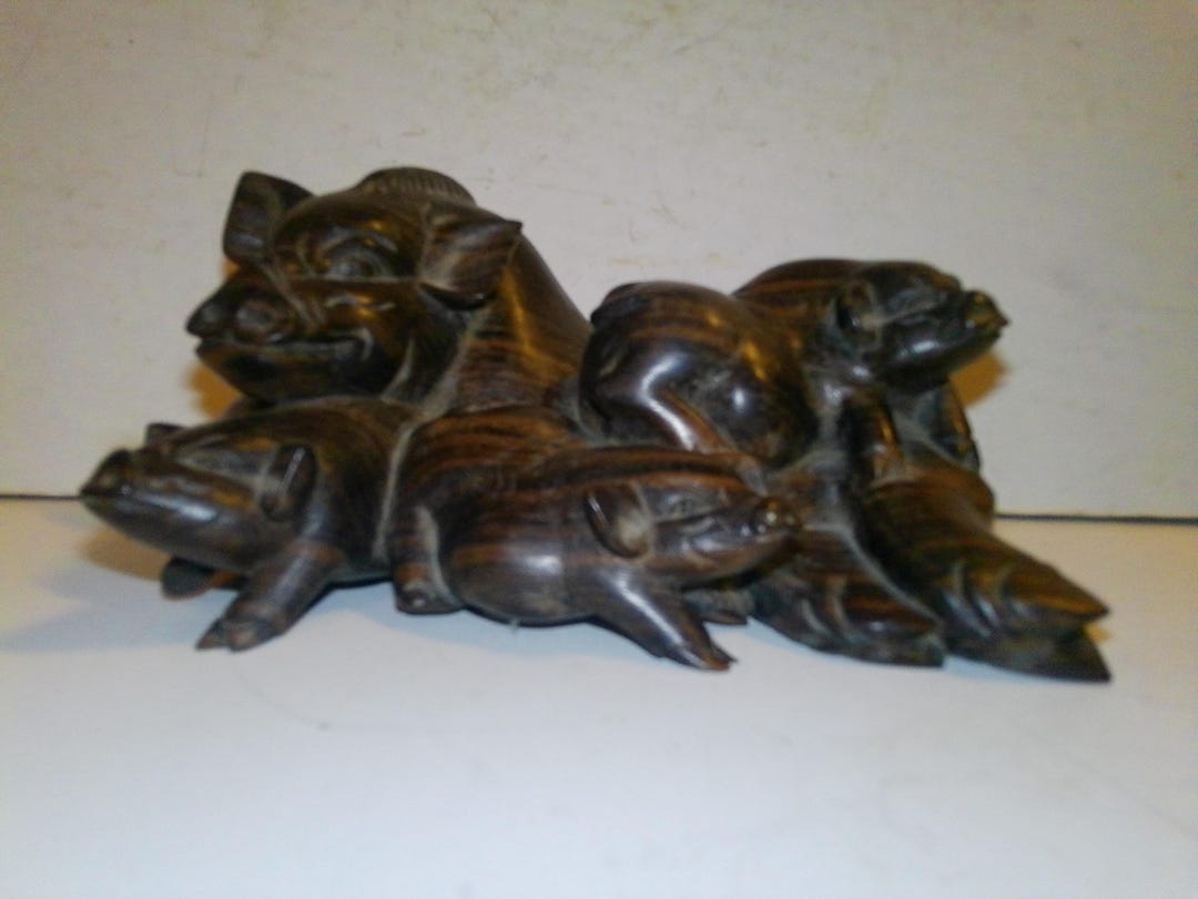 Pig and Piglet Pile = Carved Ironwood Pile of 4 Pigs With Wonderful ...