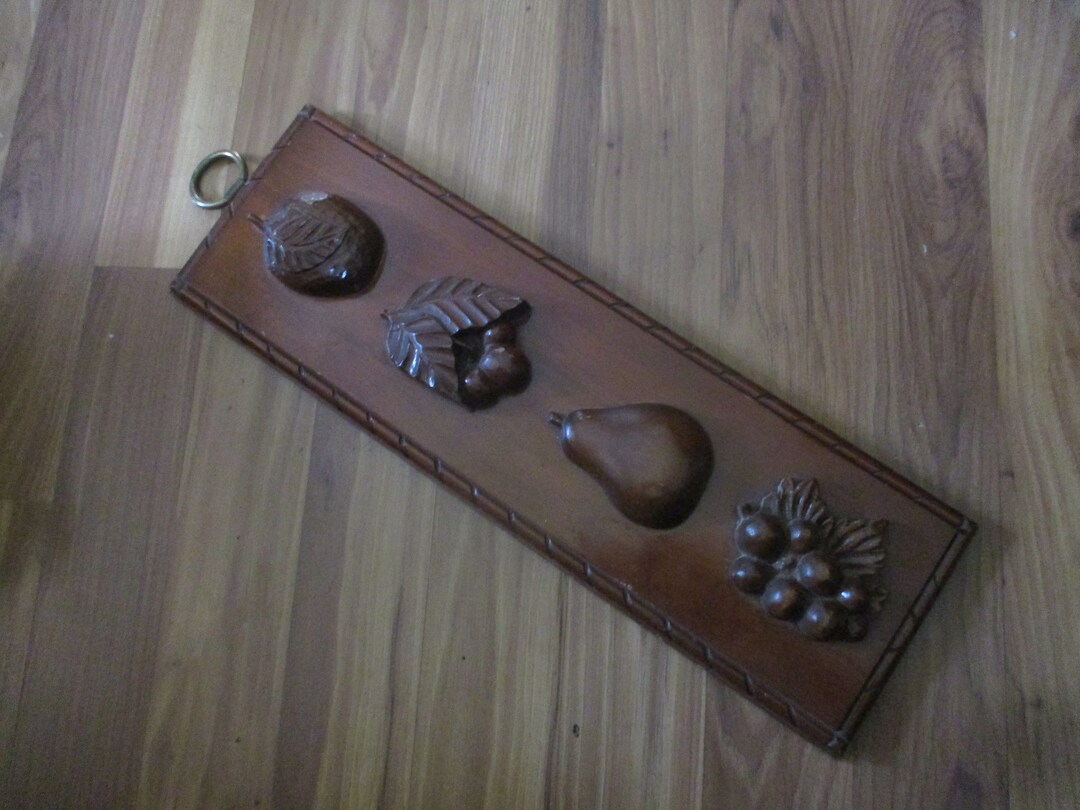 Carved Wood Panel of Fruits - Apple, Pear, Grape, Cherry, 16" X 5" X 1. ...