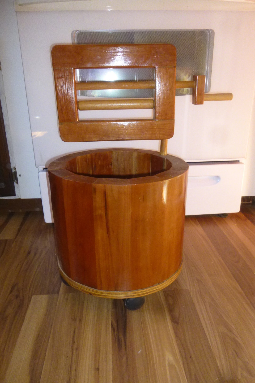 Rolling Wood Planter Fun Laundry Bucket Shaped Form With Laundry Mangle ...