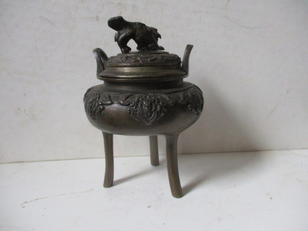 Antique Chinese Bronze Censer - Elevated 3 Legged Bowl Decorated With ...