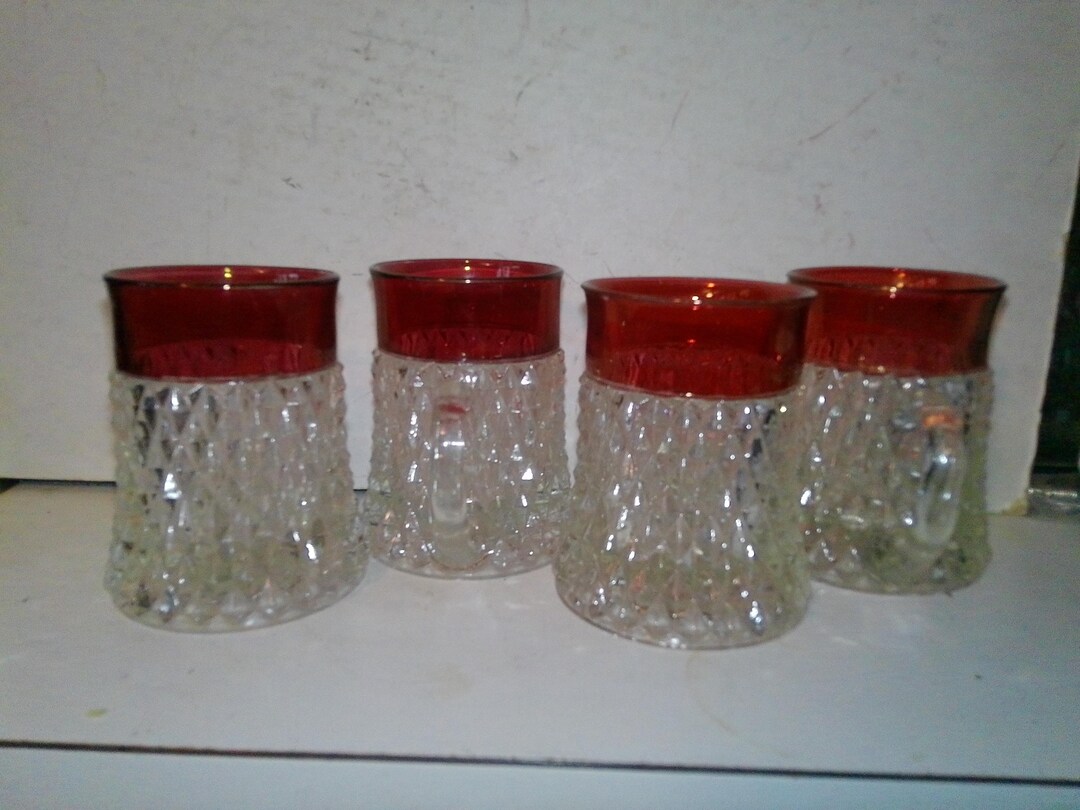 Cranberry Diamond Point Glass Mugs by Indiana Glass - Matched Set of 4 ...