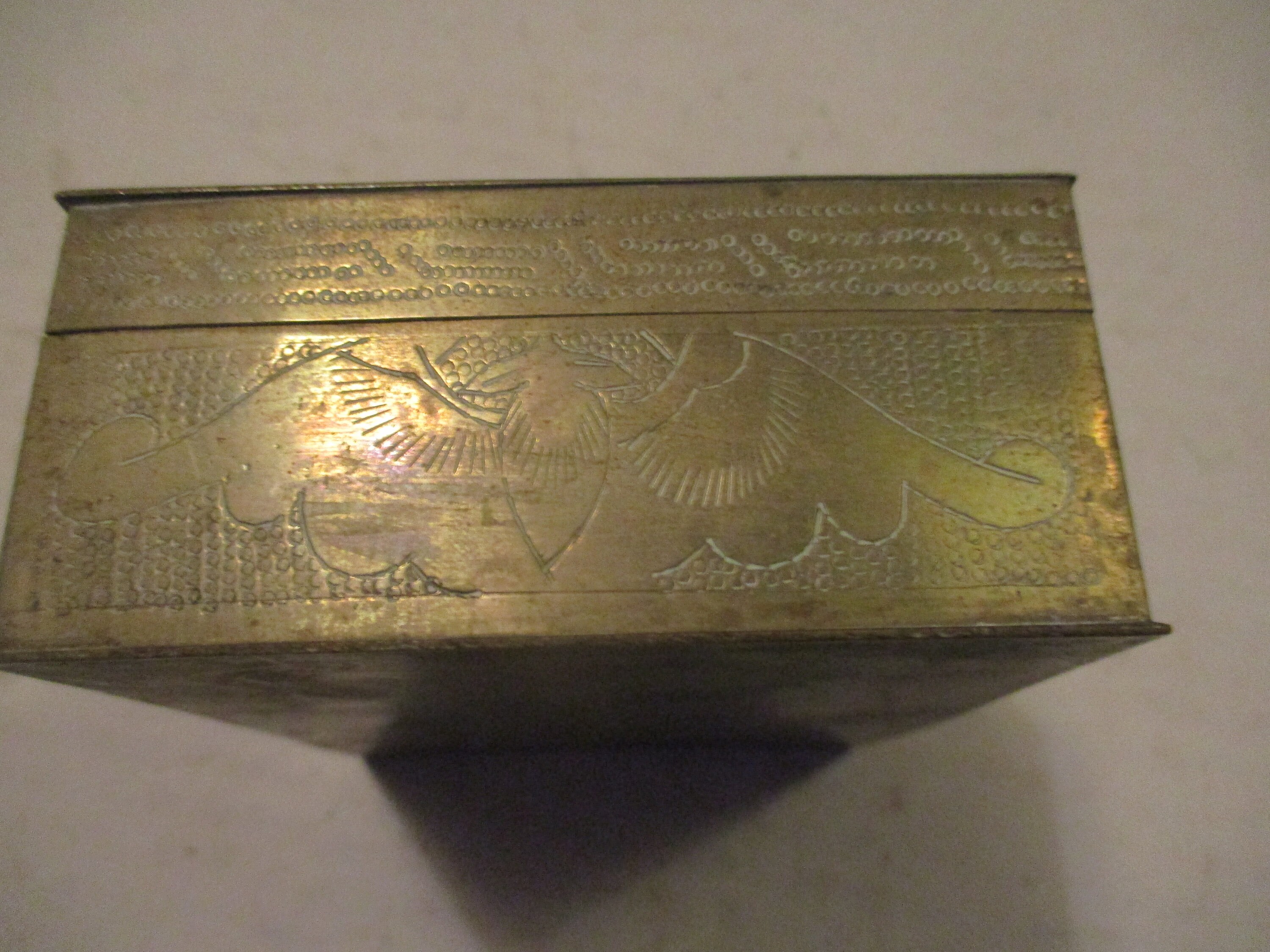 Wood Lined Brass Box With 4 Chinese Characters Etched Into Wood Lined Brass Box With 4 Chinese Characters Etched Into