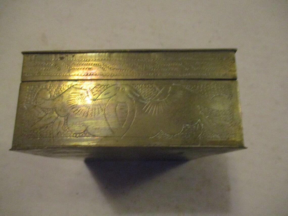 Wood Lined Brass Box With 4 Chinese Characters Etched Into Lid Around ...