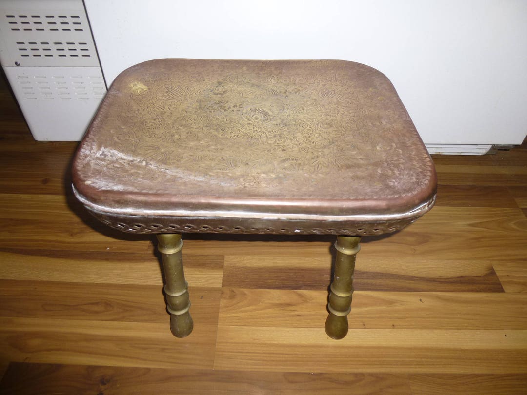 Antique Brass Footstool - Large Solid Brass Etched Form With Removable ...