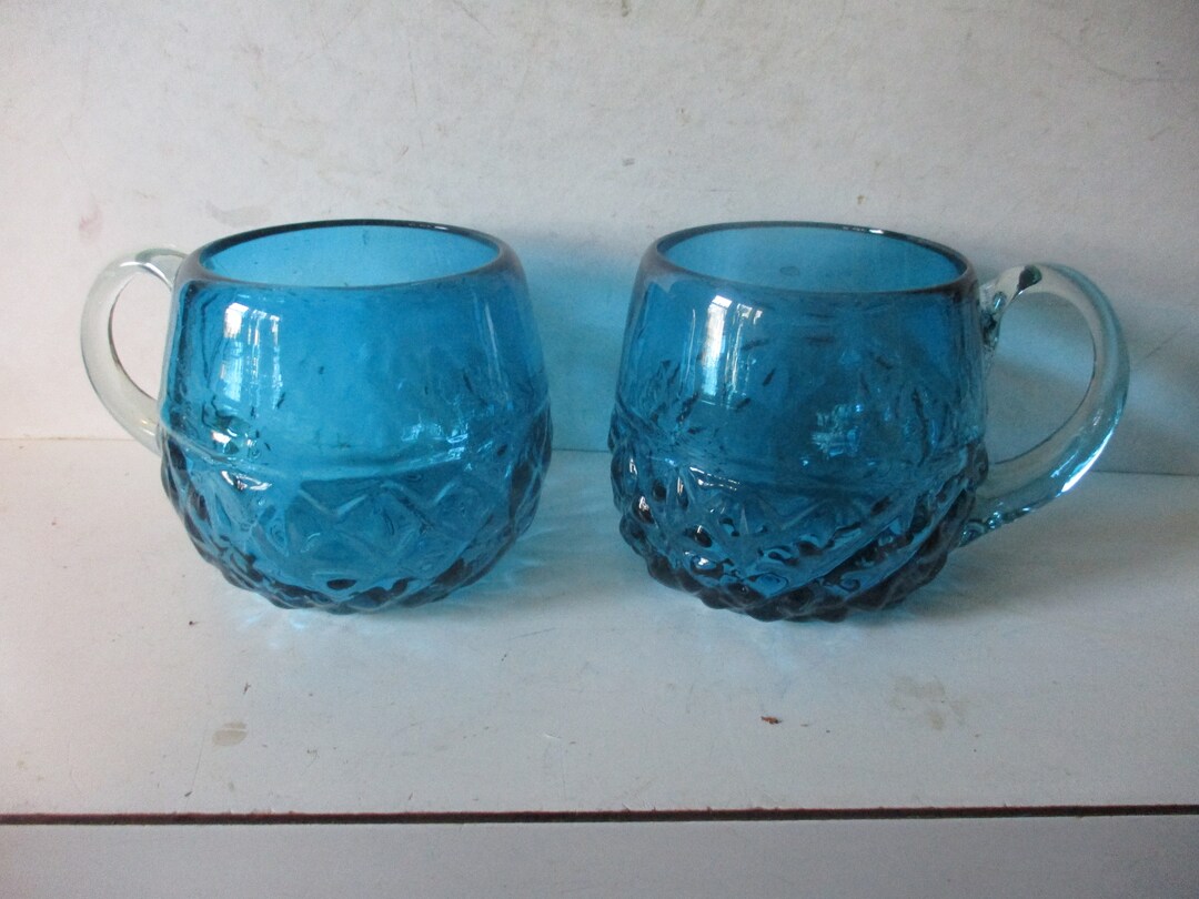 Blue Glass Coffee Cup Mugs - Matched Set of 2 Hand Blown Cast Glass ...