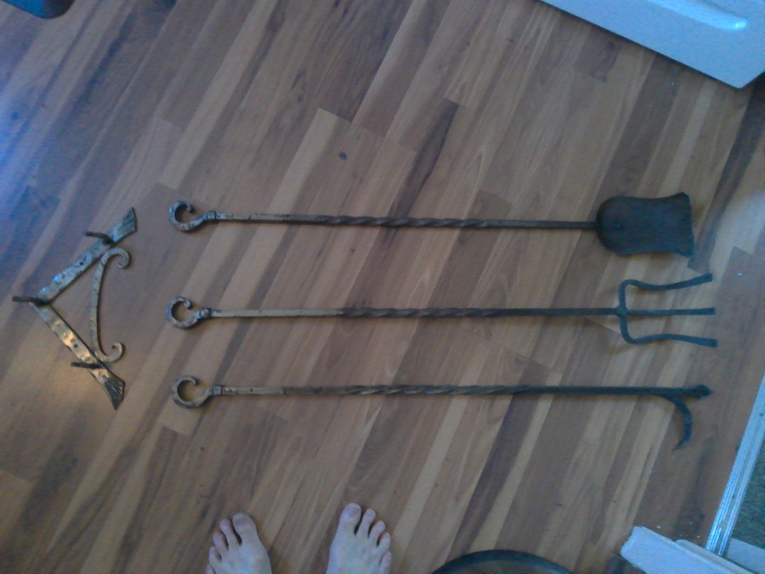 Wrought Iron 37" Fireplace Tools W Matching Wall Hanger-indoors or Out ...