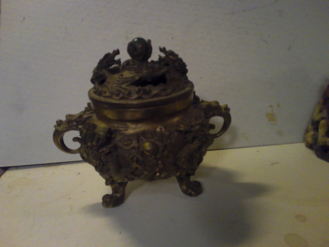 Antique Gilt Bronze Censor - Rare and Unusual 2 Piece Form With Jade ...